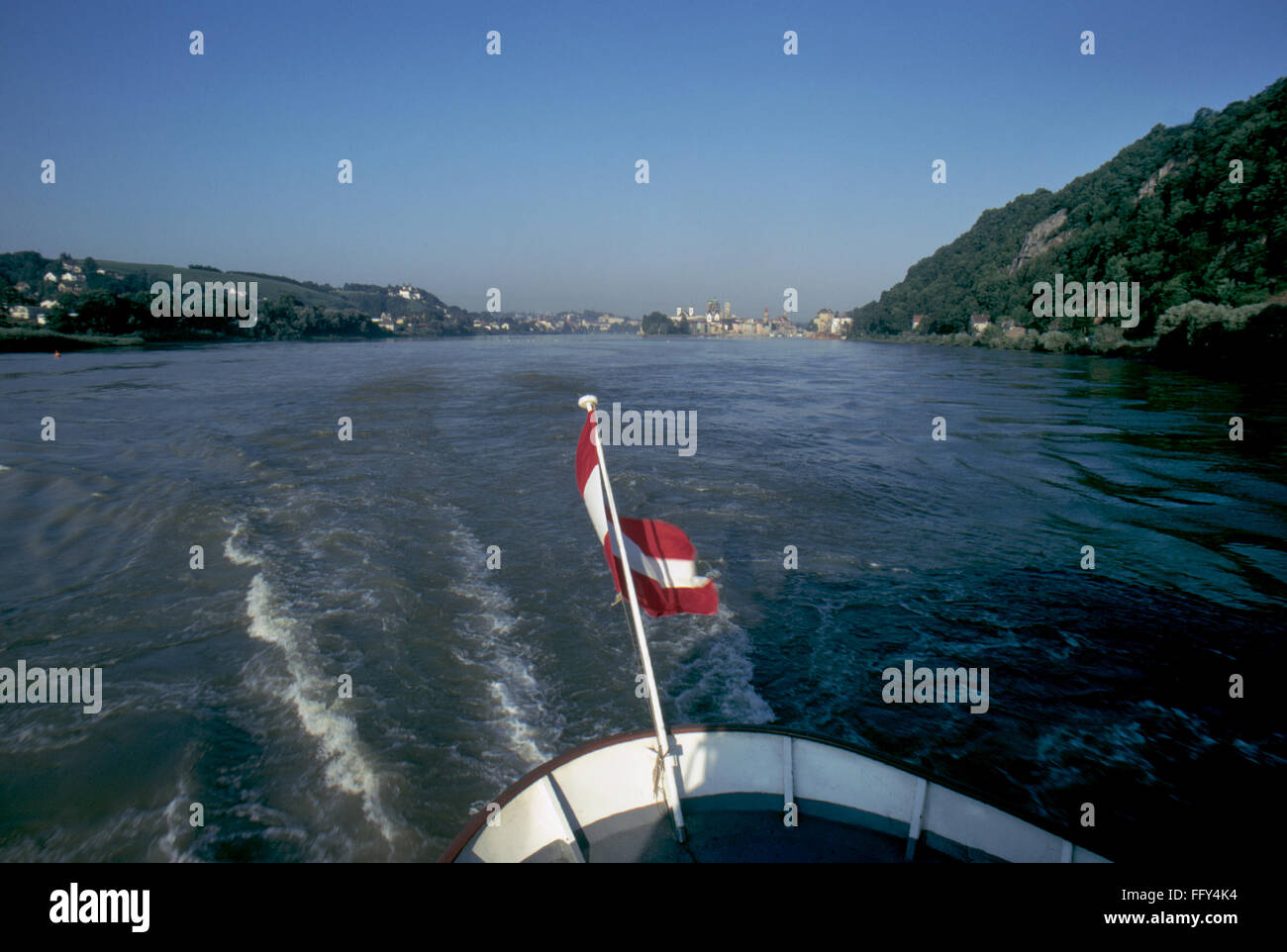 GERMANY: DANUBE. /nAn Austrian flag at the end of a boat heading down ...