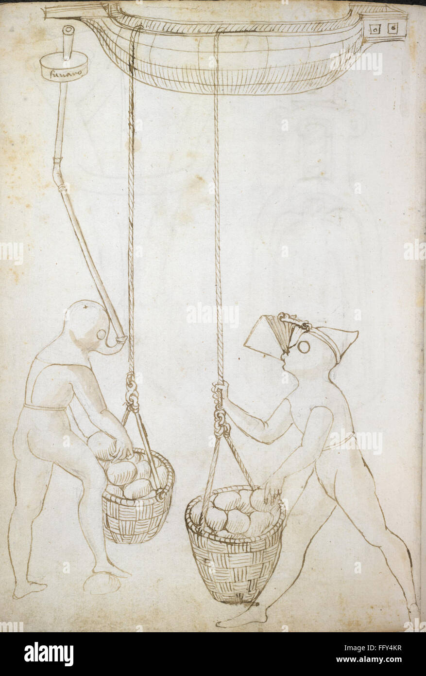 This pen-and-ink drawing showcases early designs for breathing ...