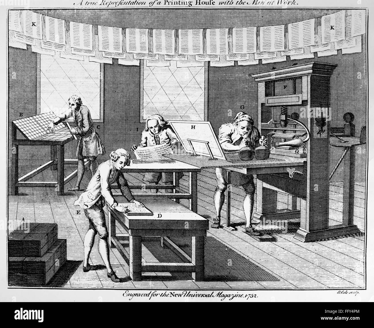 PRINT SHOP, 1752. /nMen at work in a printing house. Copper engraving ...