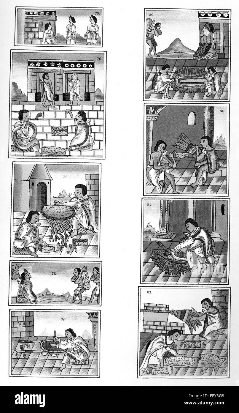 AZTEC CRAFTSMEN. /nAztec feather headdress makers at work. Drawing from ...