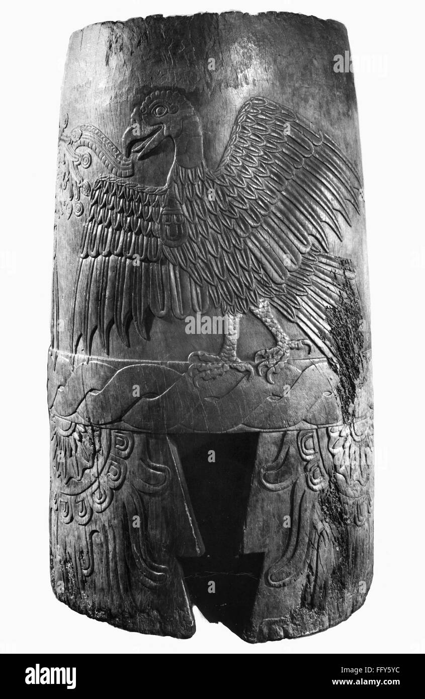 MEXICO: AZTEC DRUM. /nWooden musical drum decorated with carved eagles ...
