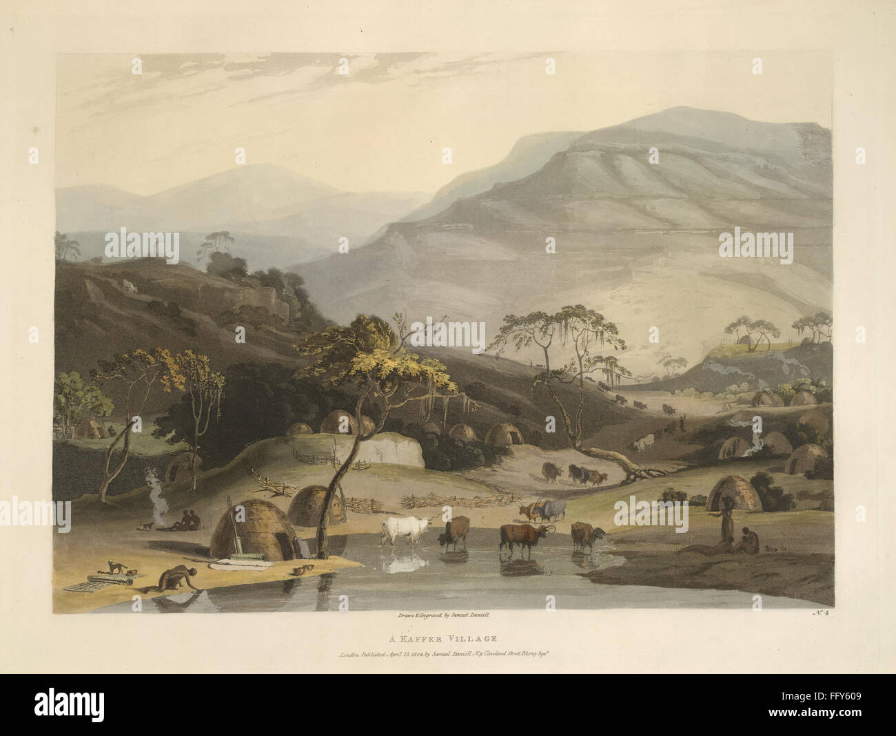 This illustration depicts a Kaffer village in Africa, providing ...