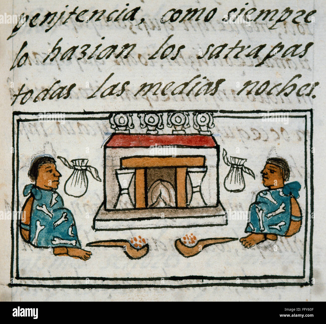 AZTEC ALTAR. /nTwo Aztec men seated before an altar. Drawing from the ...