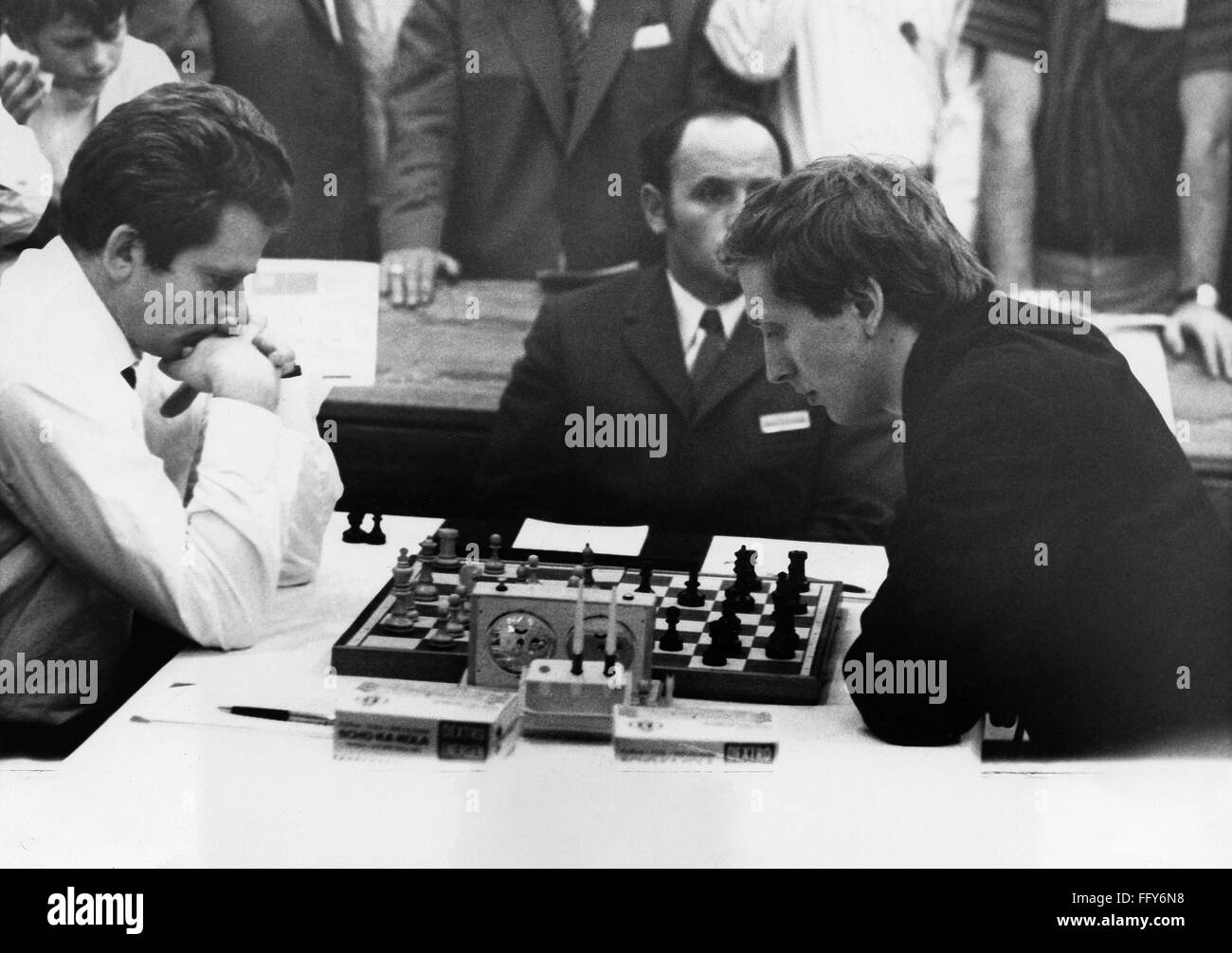 BOBBY FISCHER (1943-2008). /nAmerican chess player. Fischer (right ...