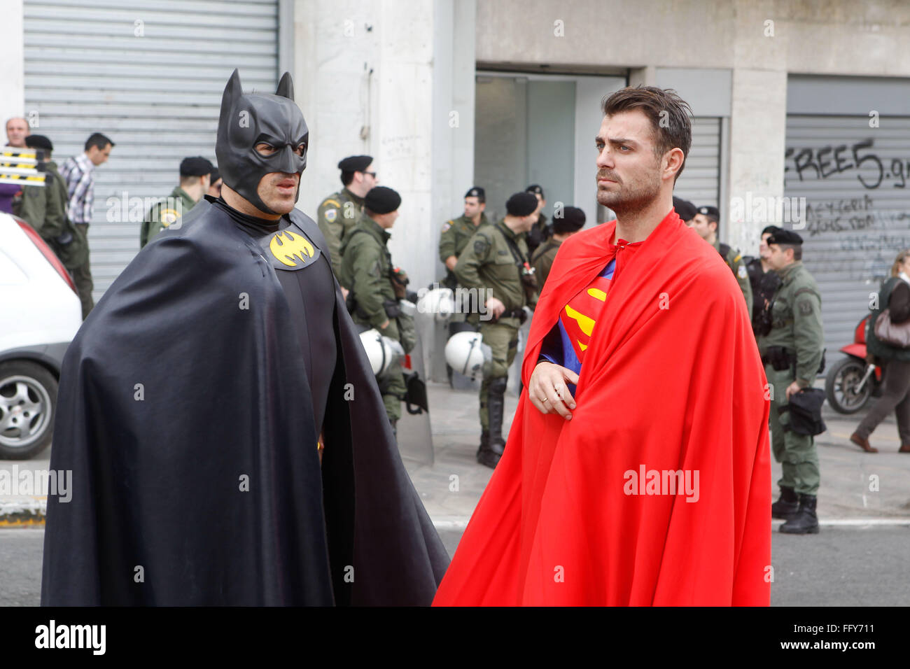 Athens, Greece. 17th Feb, 2016. Actors dressed like Batman and Superman ...
