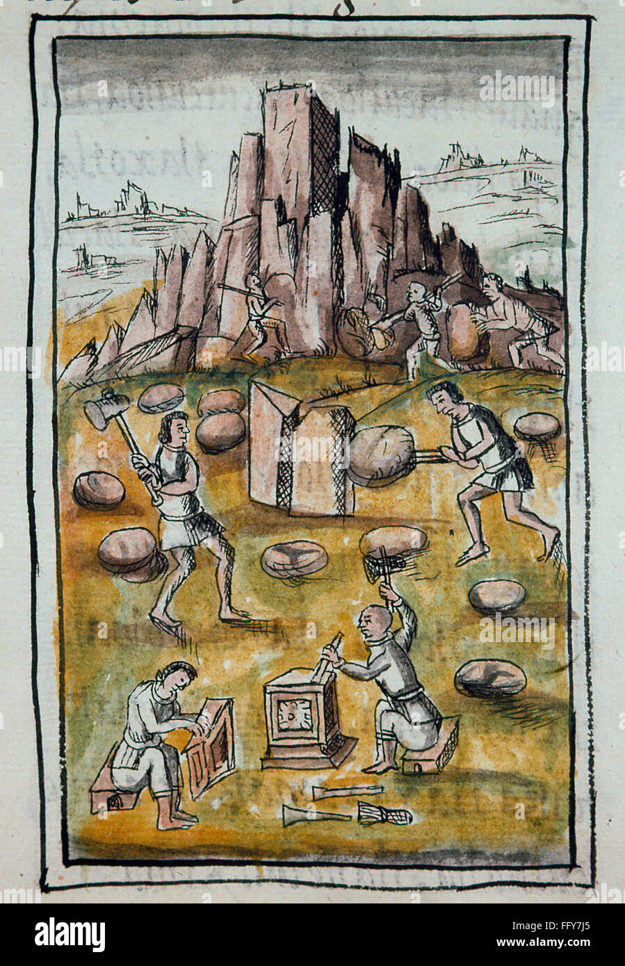 MEXICO: AZTEC MASONS. /nAztec stone masons at work. Drawing from the ...