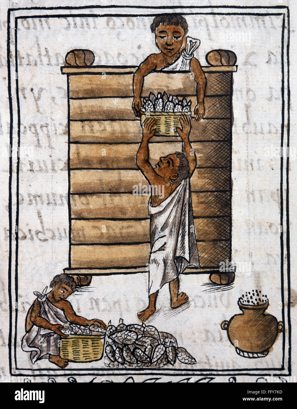 MEXICO: AZTEC STORAGE. /nAztec men storing food. Drawing from the Codex ...