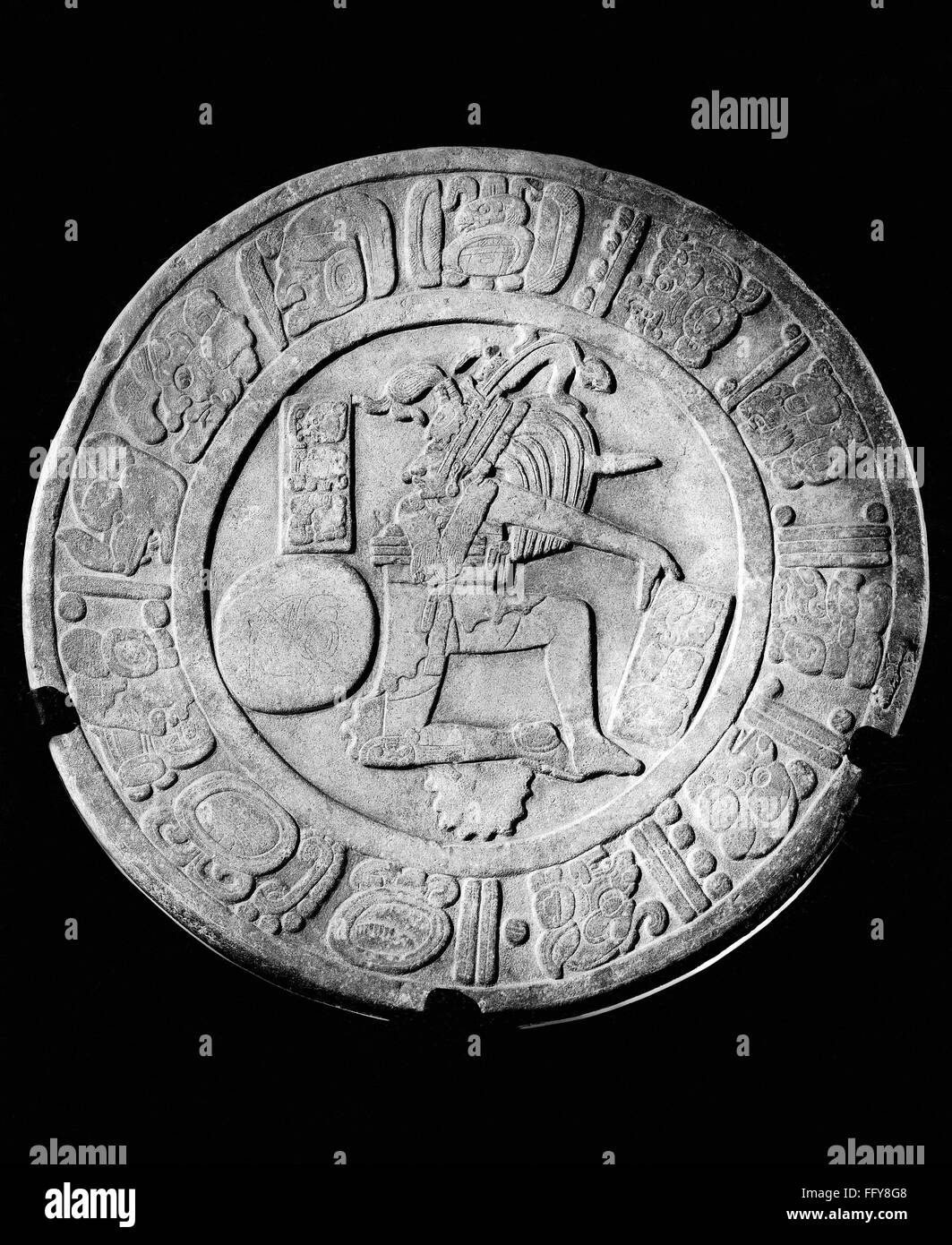 MEXICO: MAYAN DISK. /nStone disk with reliefs of glyphs and a ball ...