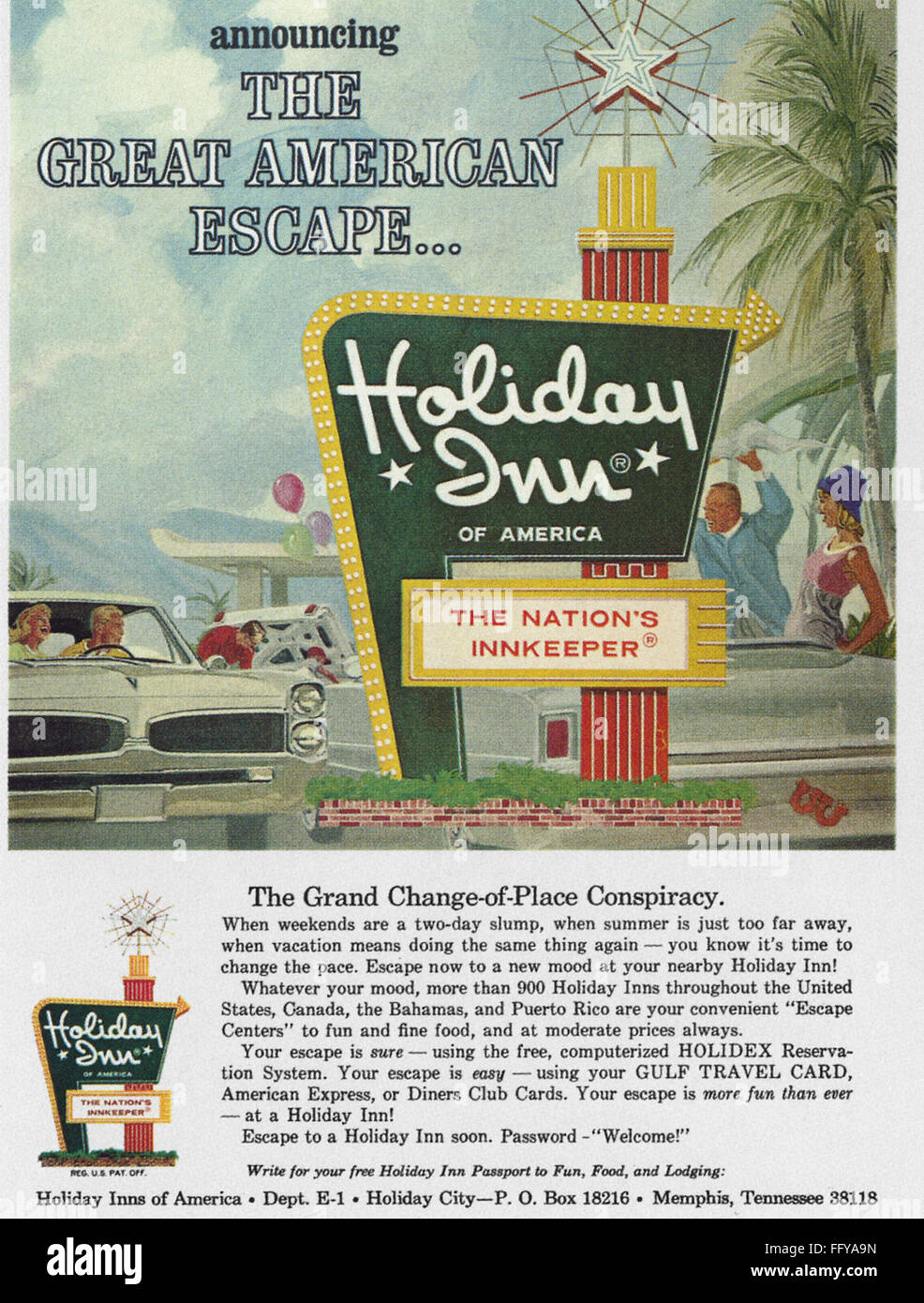 HOLIDAY INN AD, 1968. /nAmerican magazine advertisement for Holiday Inn ...