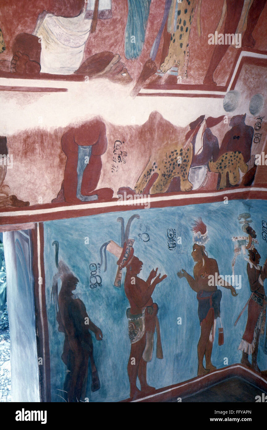 MEXICO: MAYAN FRESCOES. /nProcession of Mayan men. Painting from a ...