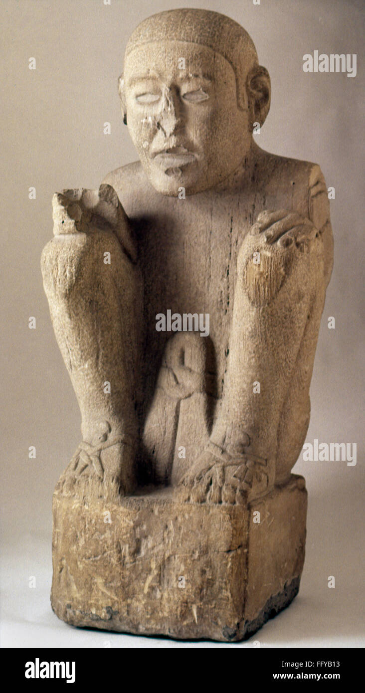 MEXICO: AZTEC SCULPTURE. /nSandstone sculpture of a seated standard ...