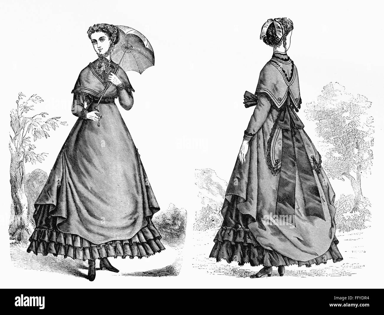 FASHION: WOMEN, 1868. /nFront and back view of a woman in a street ...