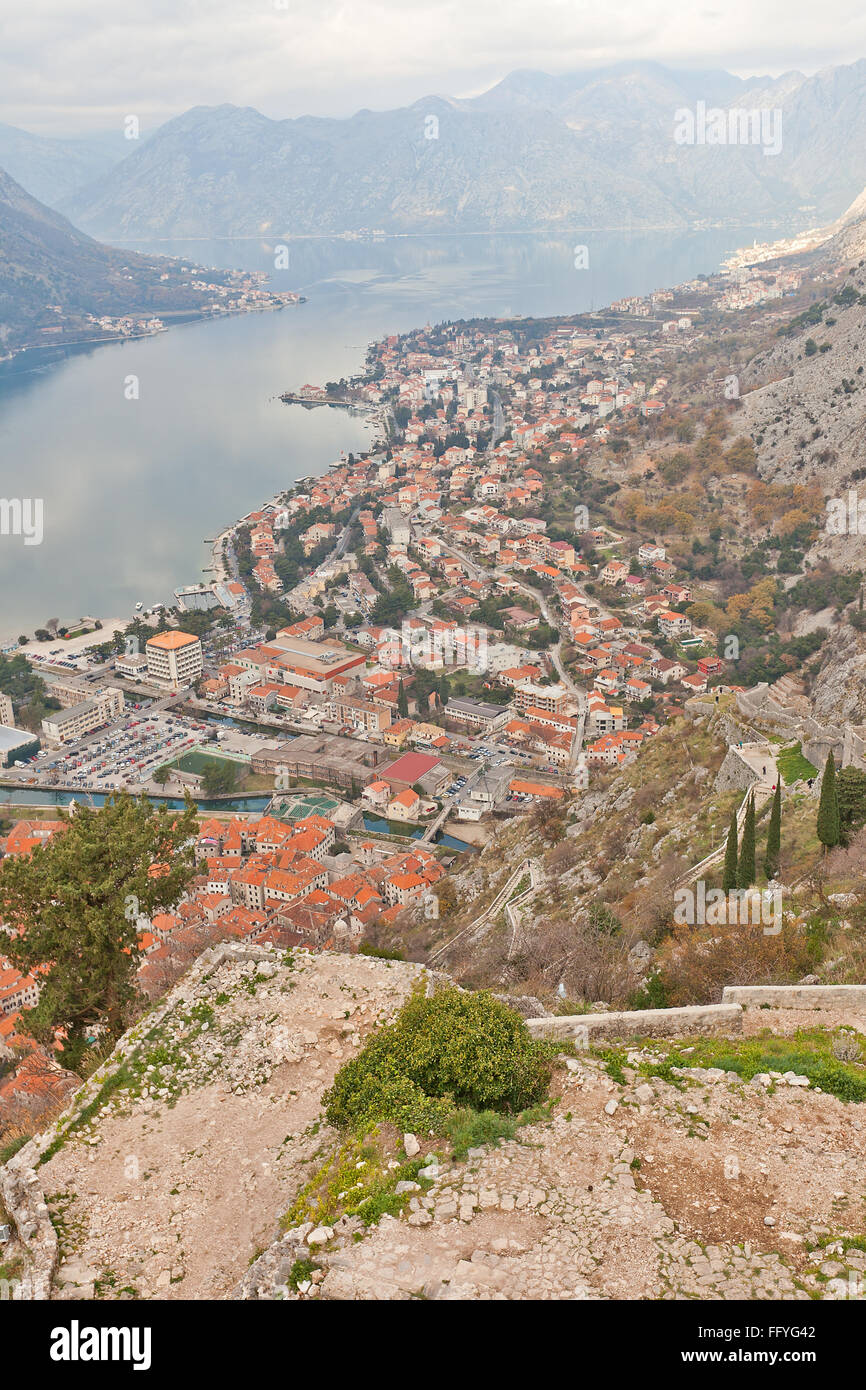 View of Kotor town from St John castle on the St. John Mountain in ...