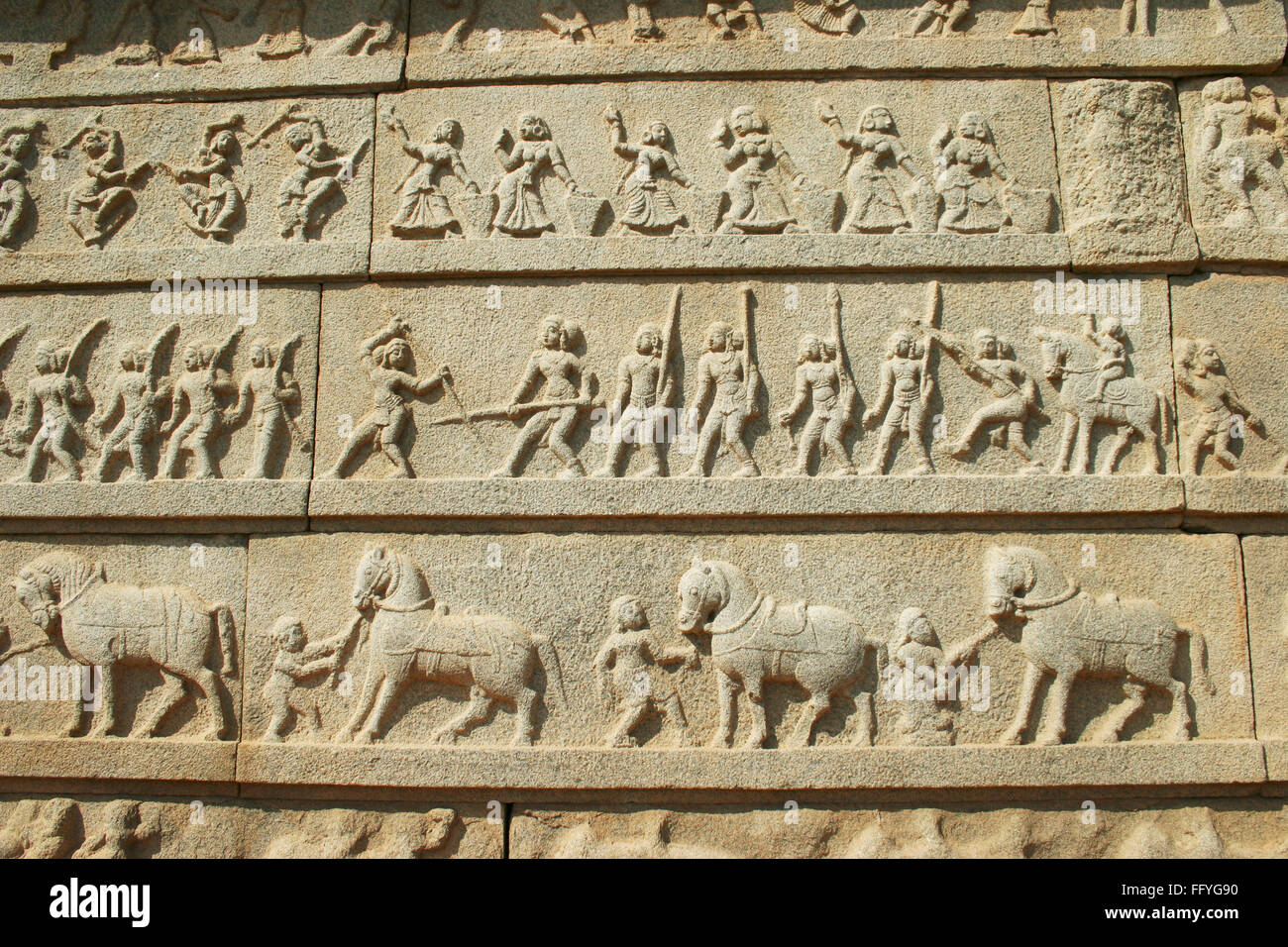 Carved inscriptions on side wall of Hajara Rama temple depicting ...