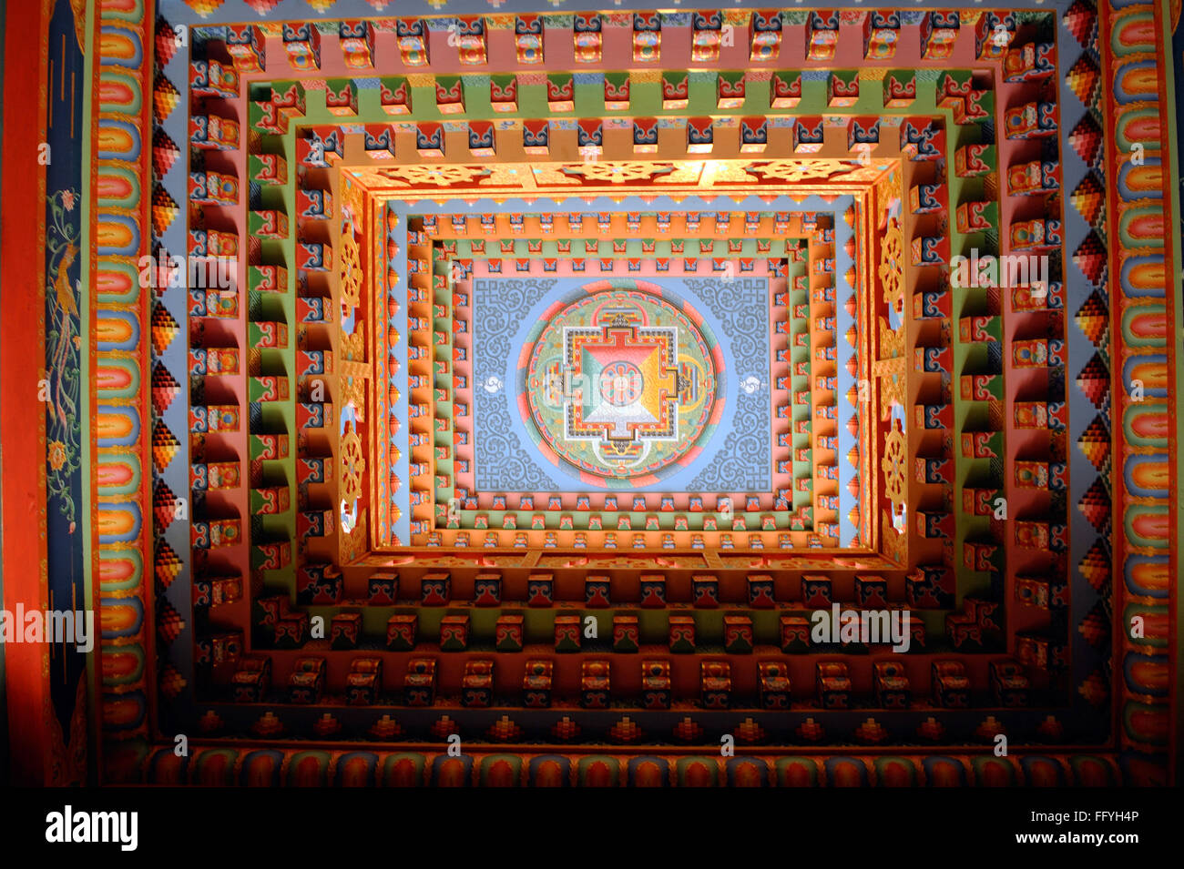 Wooden colourful ceiling in monastery ; Upper Pisang ; Nepal Stock ...