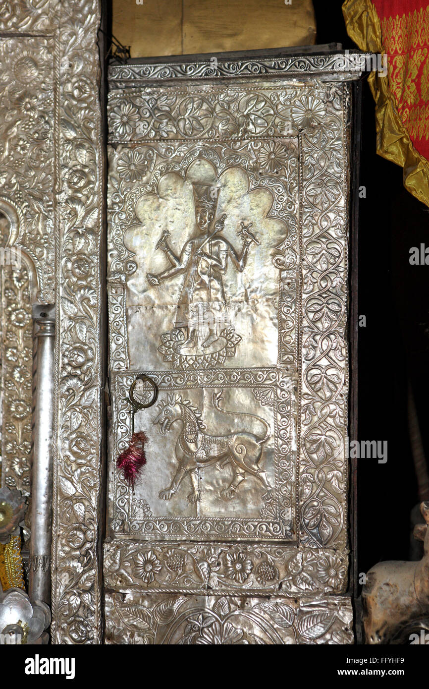Silver embossed designs of shrine at vaishnavite hindu temple ...