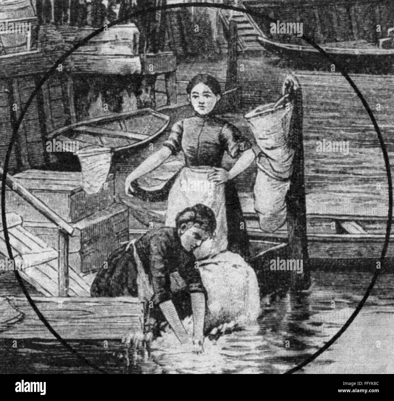 household, washing, women washing laundry at the river, wood engraving ...