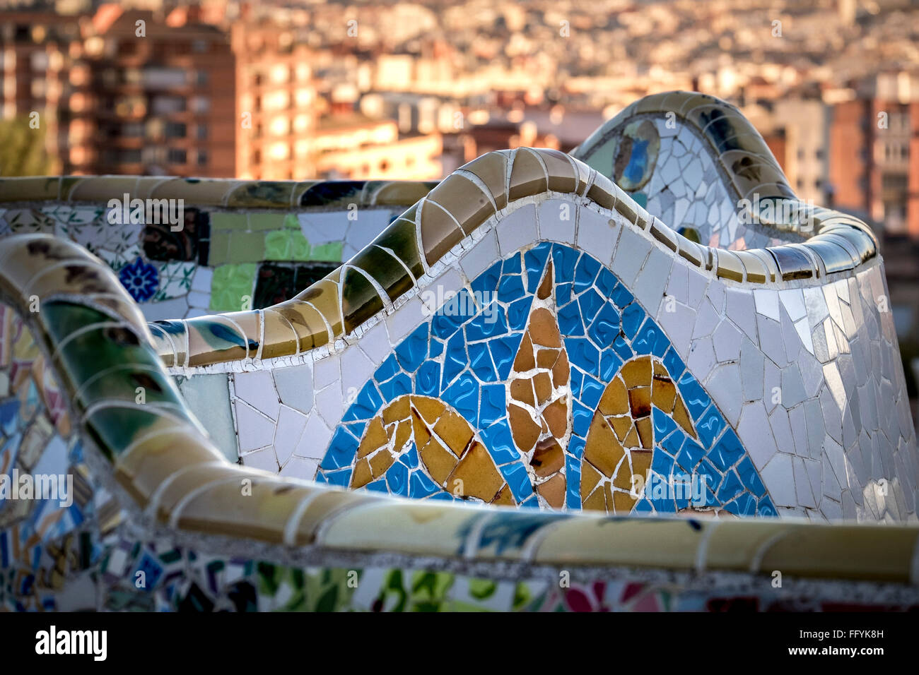 Park Guell. Garden complex with architectural elements situated on the ...