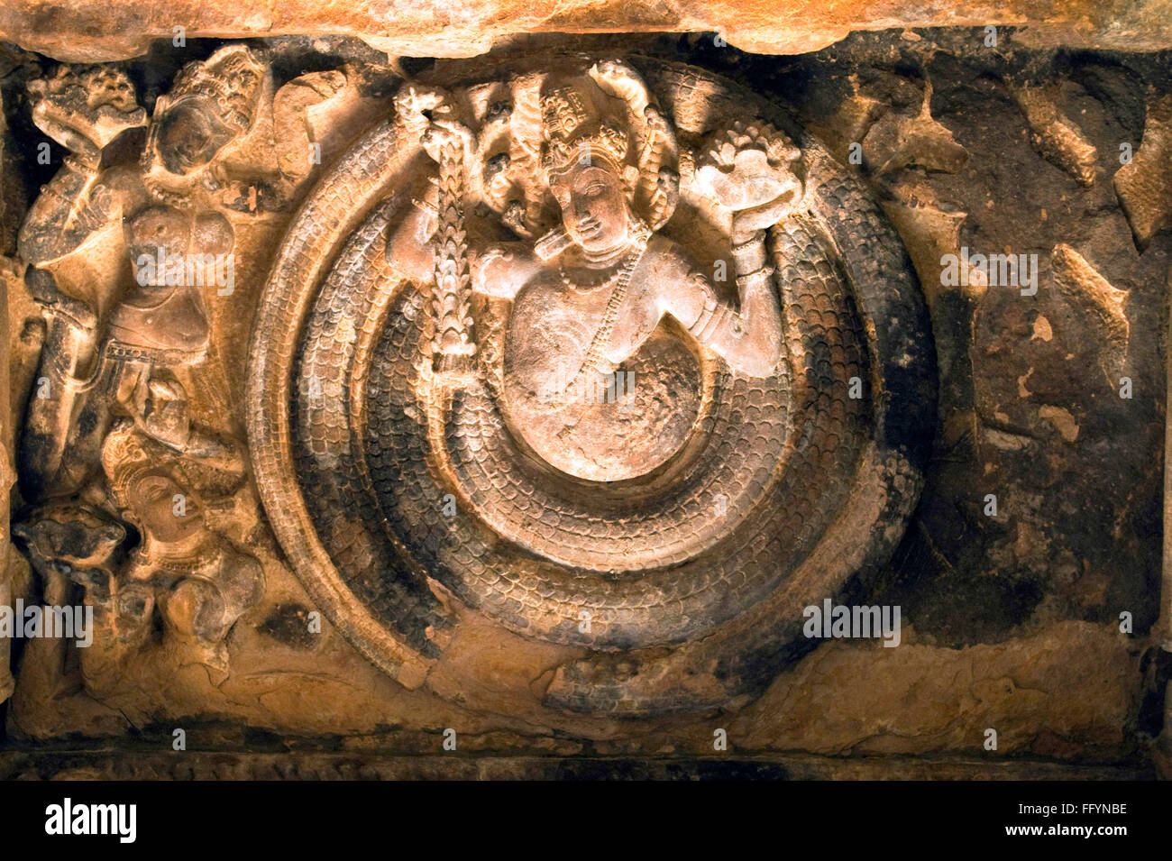 Ceiling panel in mandapa depicting naga with coiled serpent in Durga ...