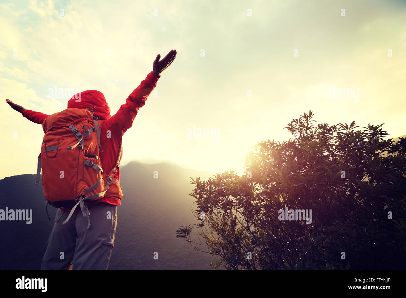 cheering young woman hiker open arms on mountain peak Stock Photo - Alamy