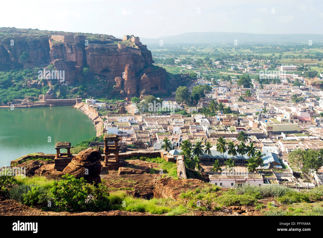 Birds eye view of Badami from North Fort , Badami , Karnataka , India ...