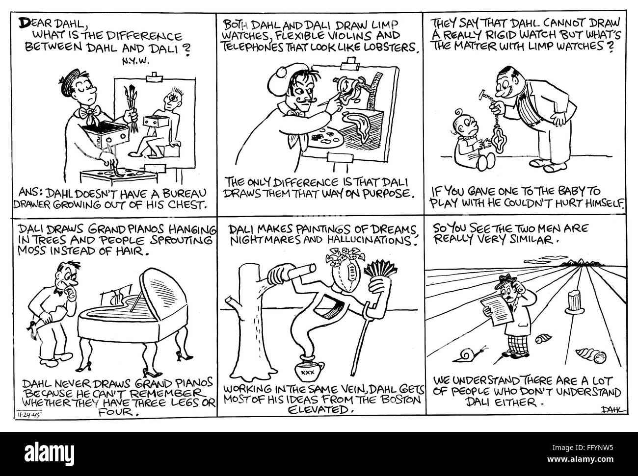 DAHL AND DALI, 1945. /nComic strip by Francis Wellington Dahl comparing ...
