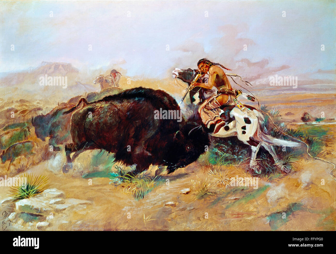 RUSSELL: BUFFALO HUNT. /n'Meat for the Tribe.' Oil on canvas, c1891, by ...