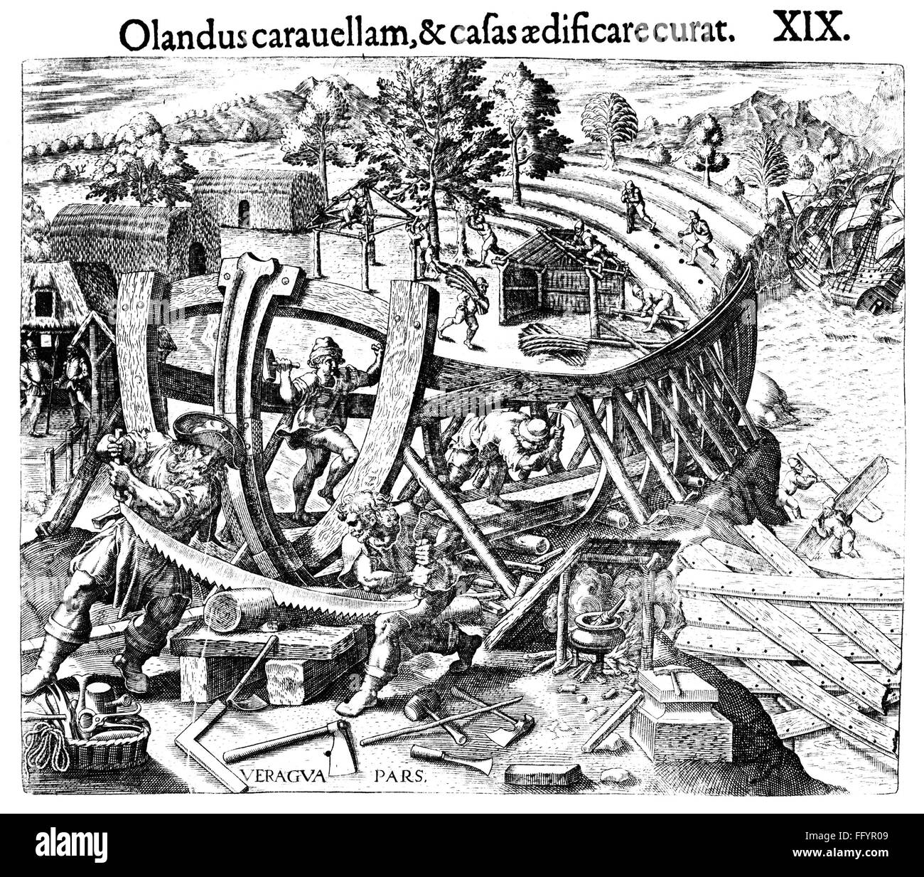 AMERICA: SHIPBUILDING, c1594. /nThe first ship built in America. Copper ...