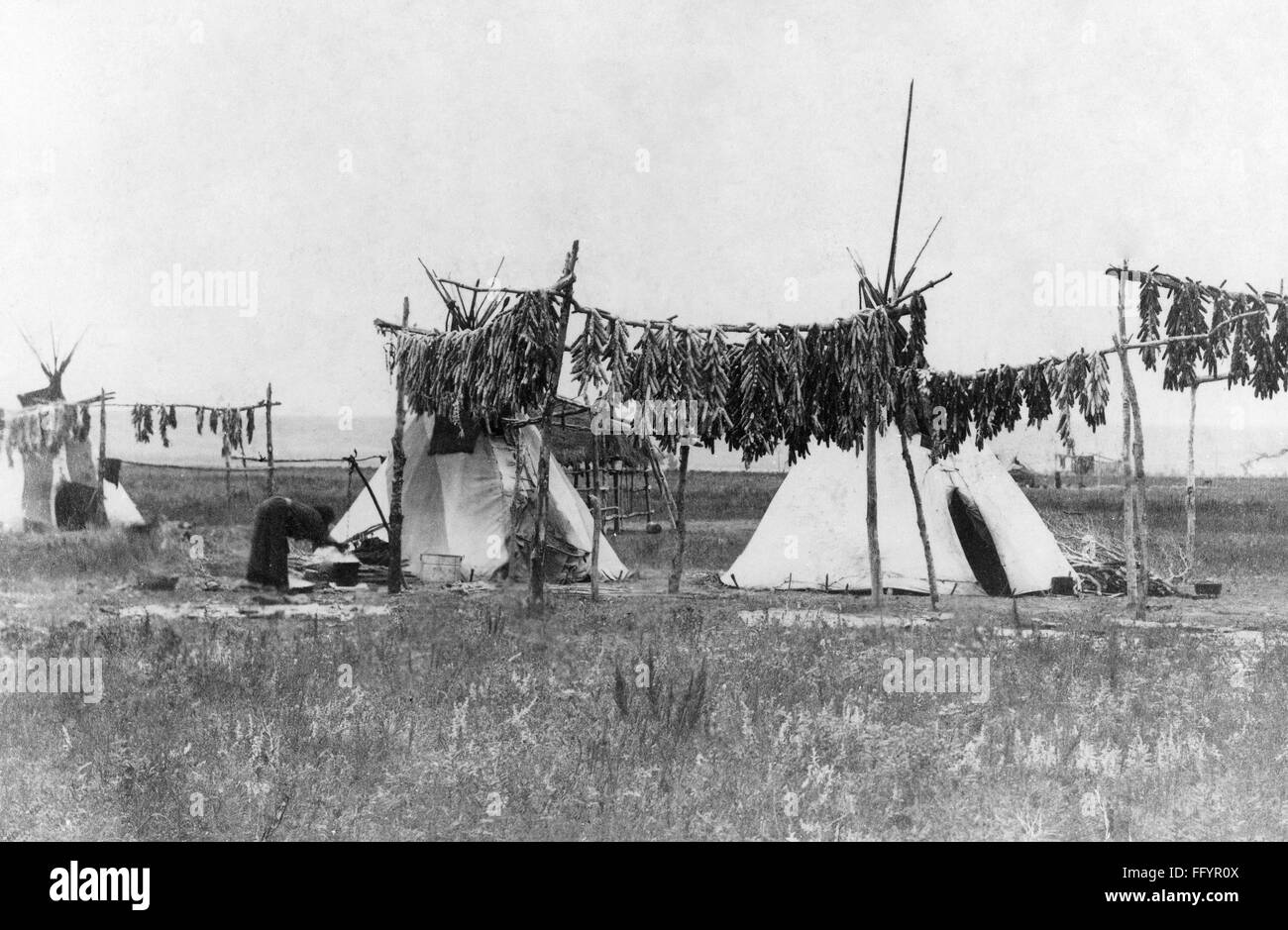 SIOUX ENCAMPMENT, c1890. /nA Sioux Native American woman cooking ...