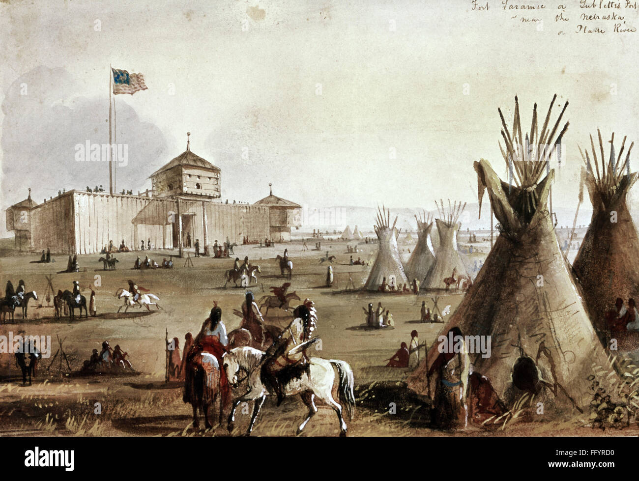 SIOUX AT FORT LARAMIE, 1837. /nExterior view of the trading post at ...