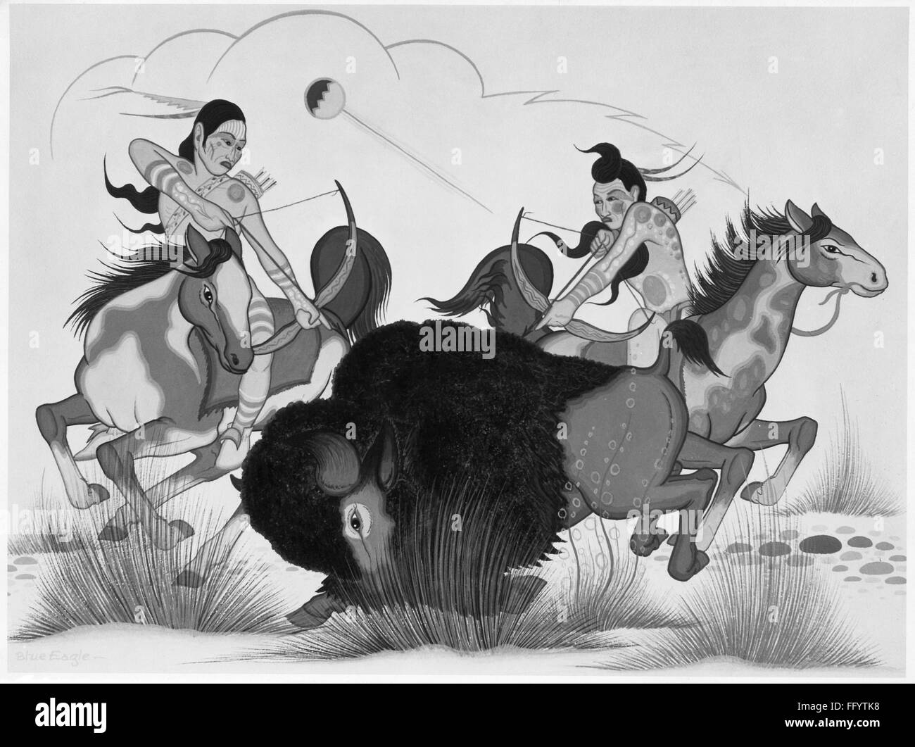 BLUE EAGLE: BUFFALO HUNT. /nNative American hunters taking aim at a ...