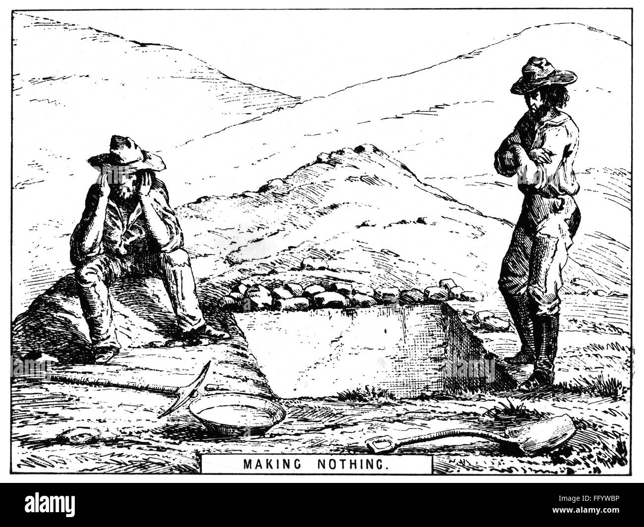 GOLD RUSH: BROKE MINERS. /n'Making Nothing.' Two miners stare in ...
