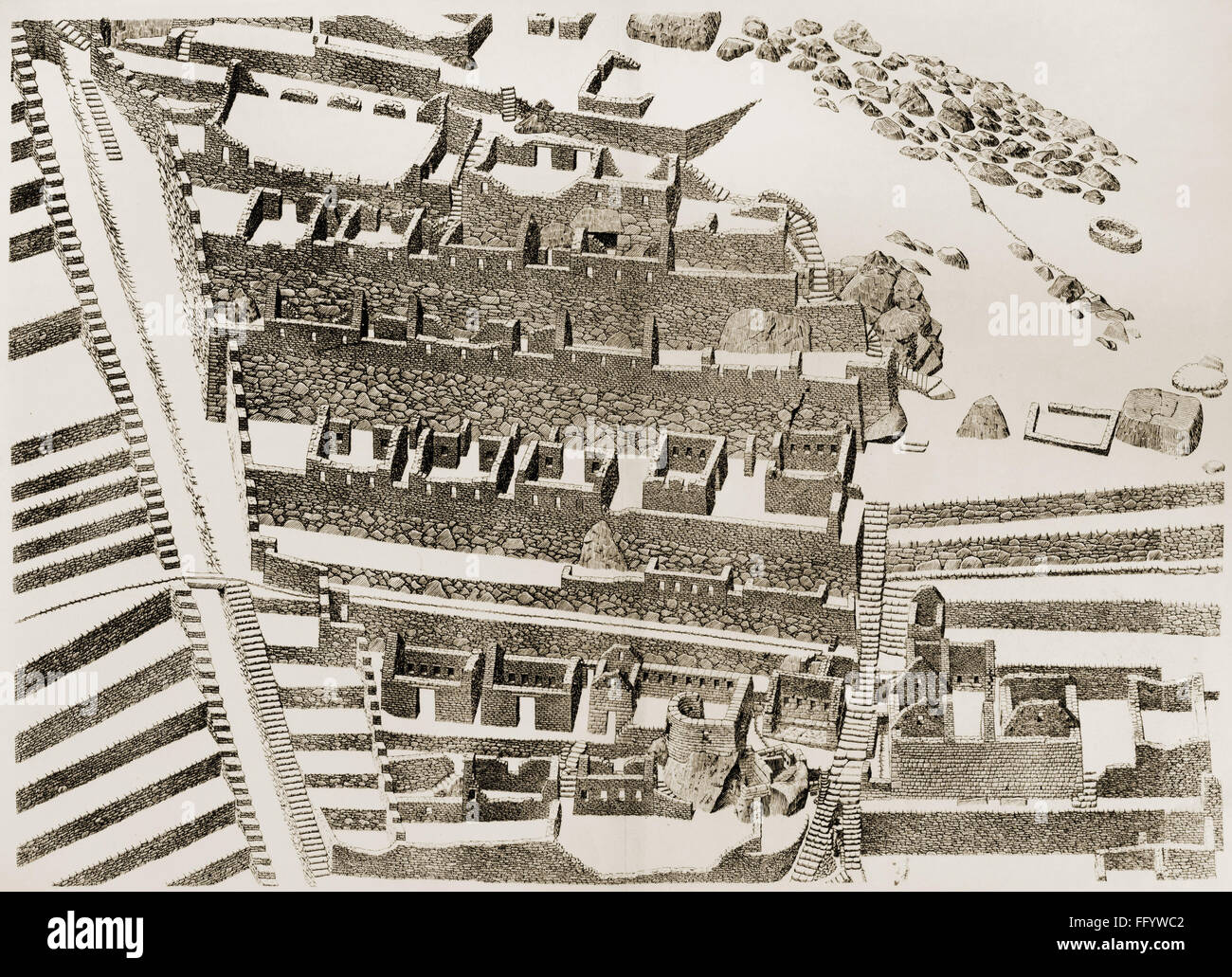 MACHU PICCHU: PLAN. /nDrawing of a bird's eye view of part of the ruins ...