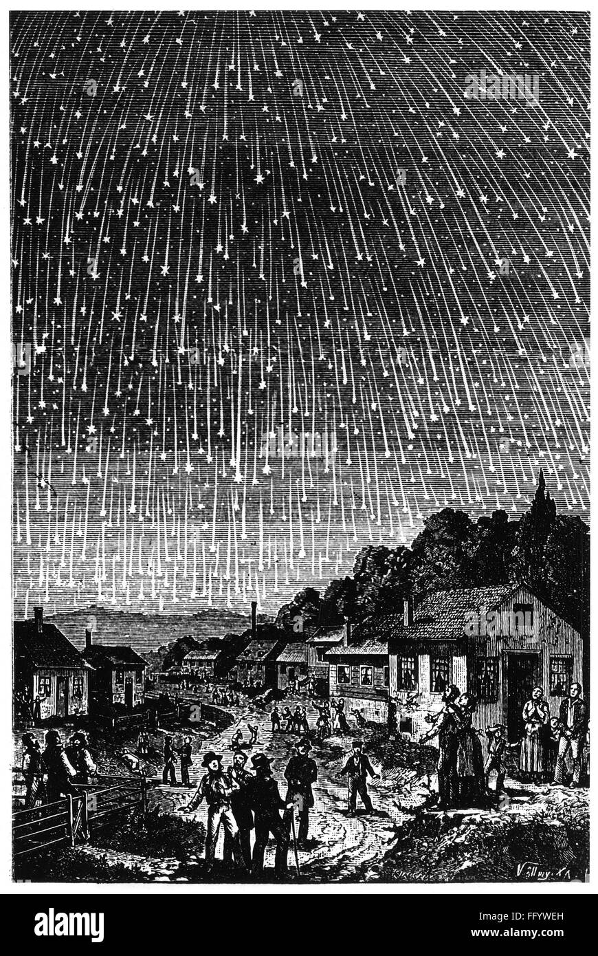 METEOR SHOWER, 1833. /nPeople observing a meteor storm above a village ...