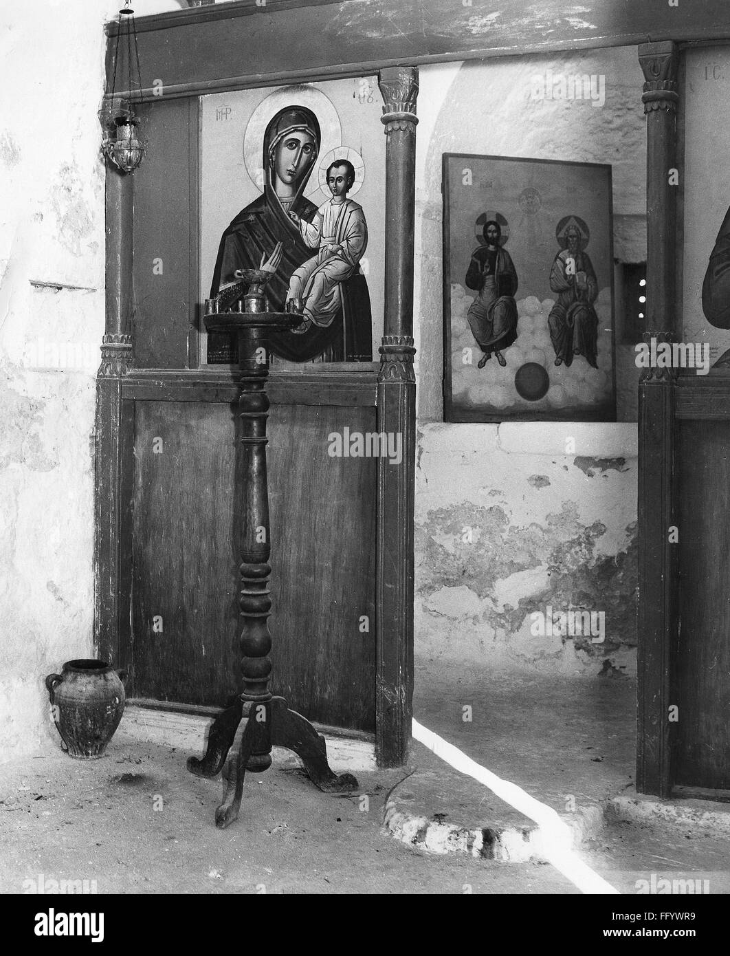 MYKONOS: CHAPEL ICONS. /nTwo icon paintings inside a small chapel on ...