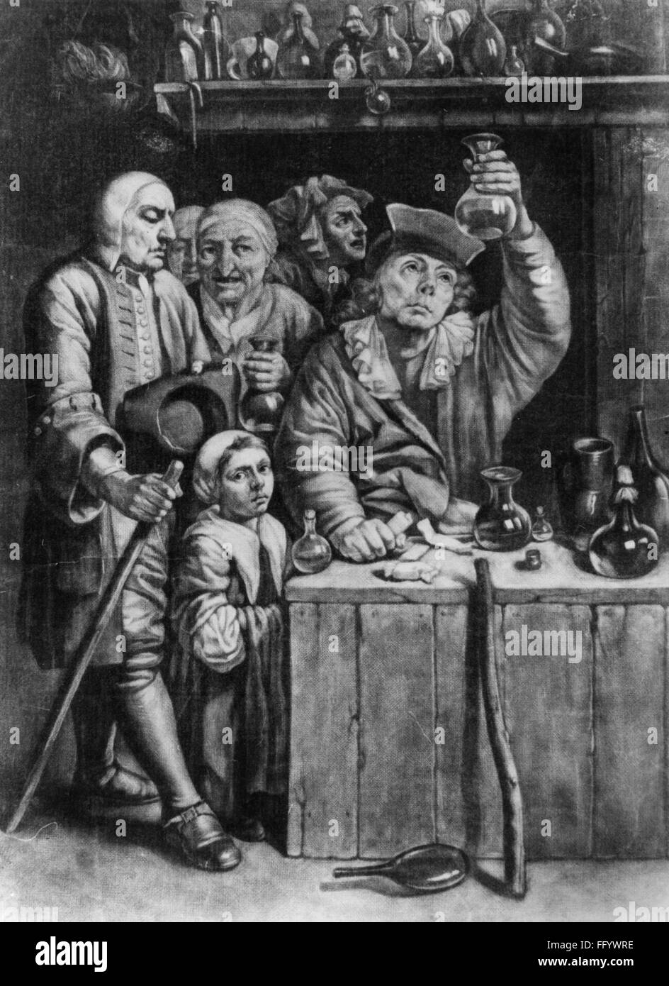 URINE EXAMINATION. /nA physician examining a urine flask. Mezzotint ...