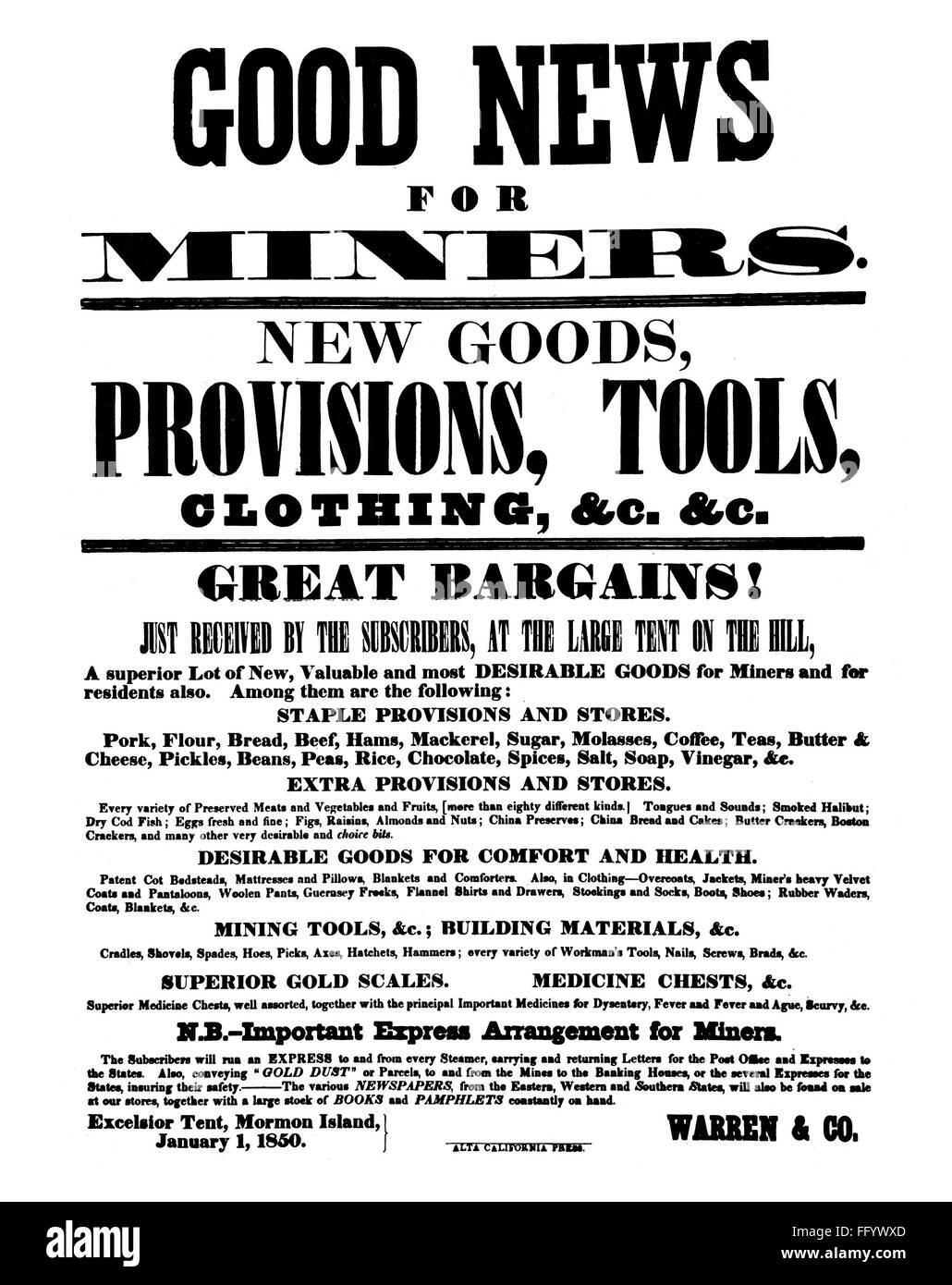 HANDBILL: MINING GOODS, 1850. /nHandbill advertising goods, provisions ...
