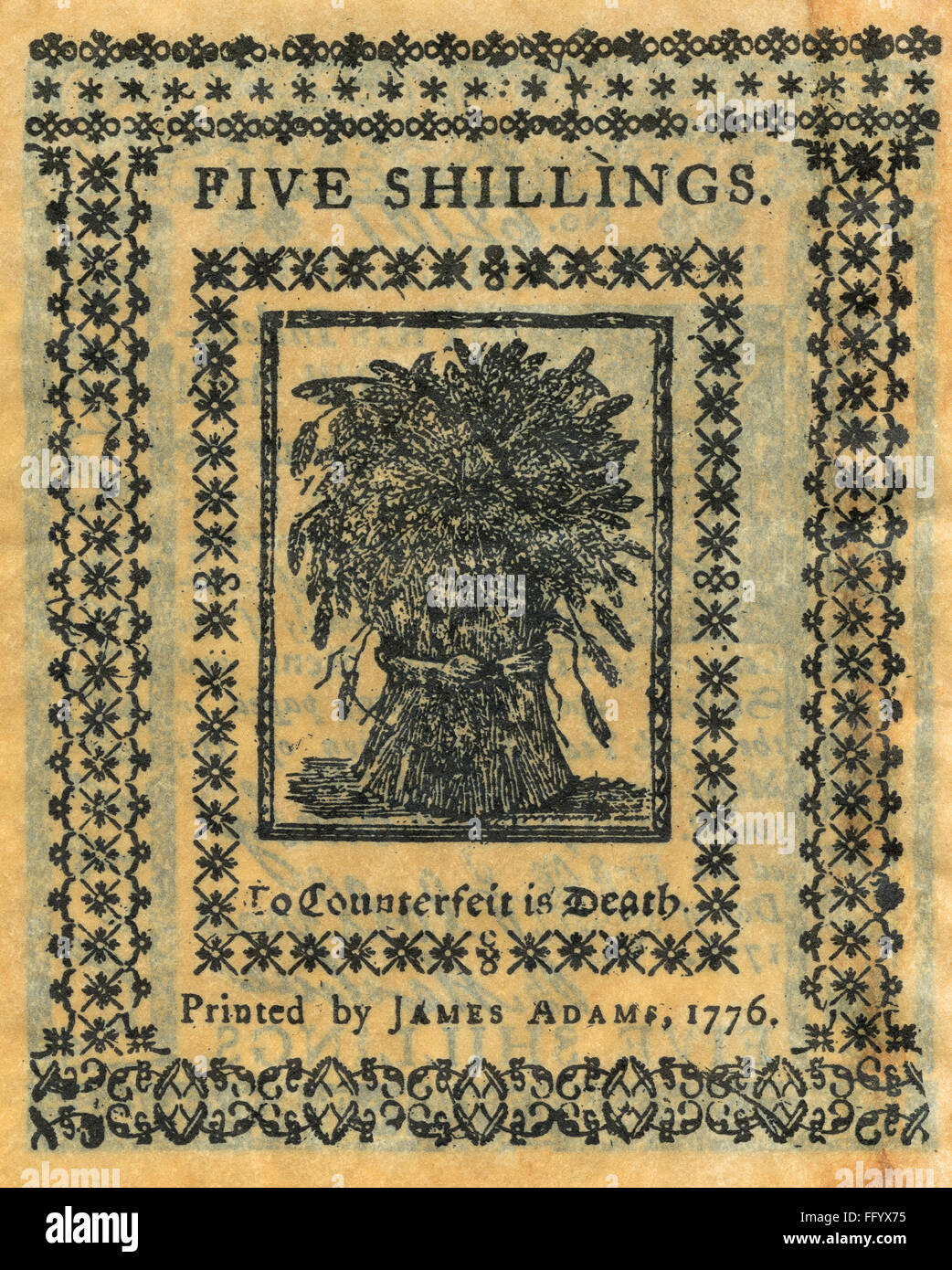 COLONIAL CURRENCY, 1776. /nFive shilling paper bill issued in Delaware ...