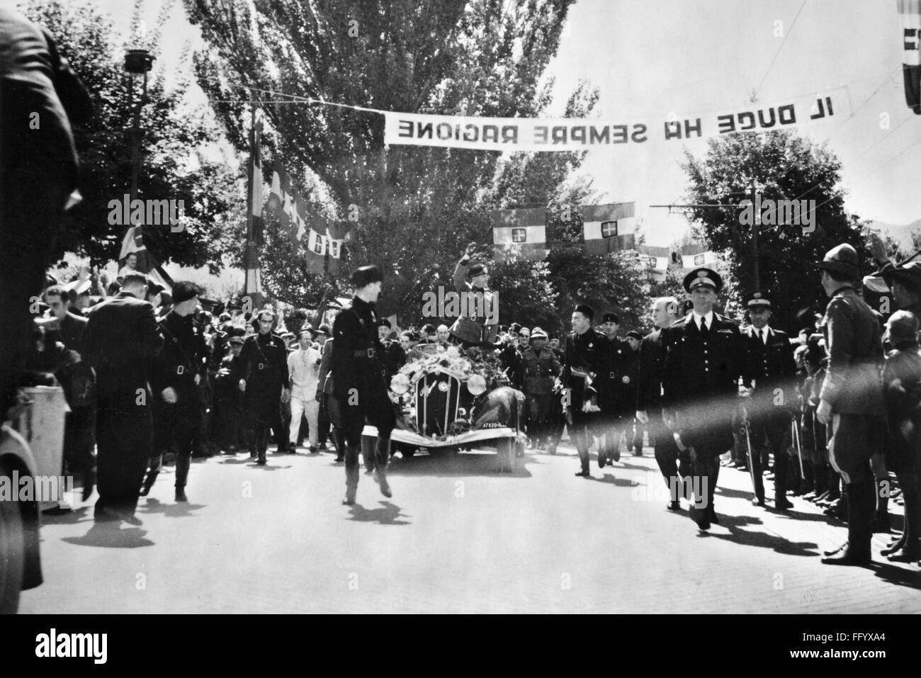 BENITO MUSSOLINI /n(1888-1945). Italian dictator. Mussolini waving to a ...