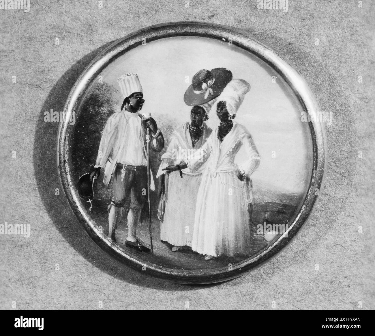 HAITI: IVORY BUTTON. /nHand-painted ivory button depicting two well ...