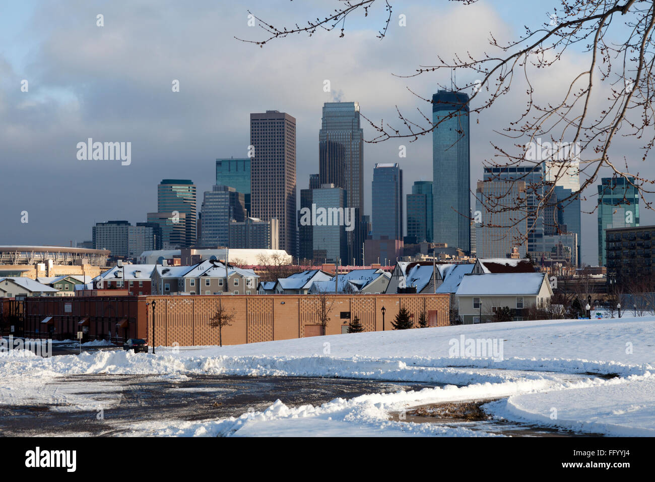 Minneapolis skyline with snow in the foreground. Urban landscape in the ...