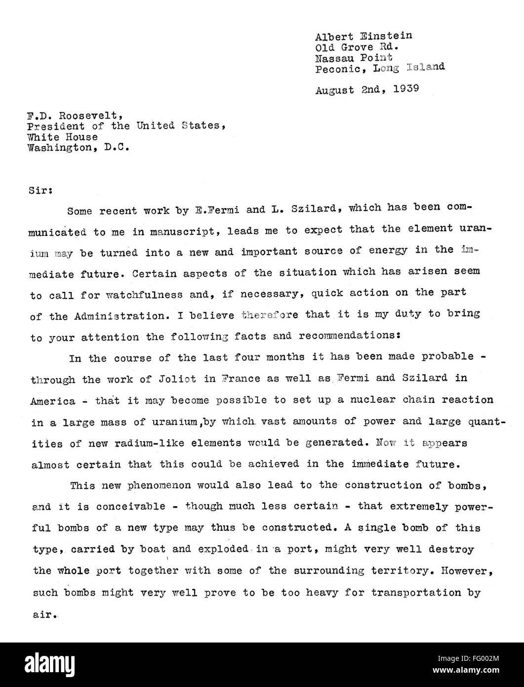 EINSTEIN LETTER, 1939. /nLetter from Albert Einstein to President ...