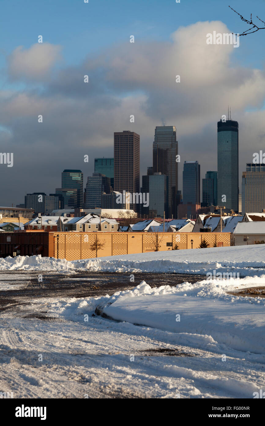 Minneapolis skyline with snow in the foreground. Urban landscape in the ...