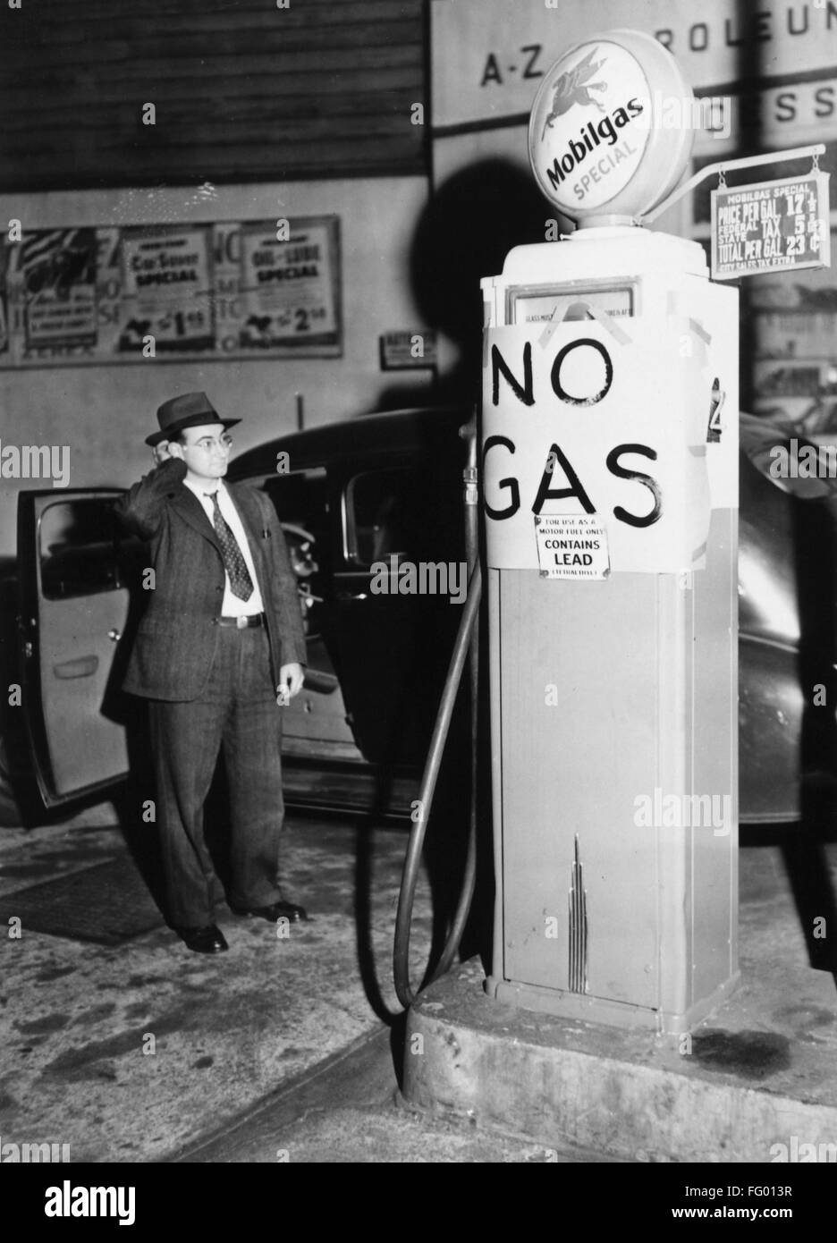 GAS STATION, 1942. /nA Mobilgas gas station with a sign announcing 'No ...