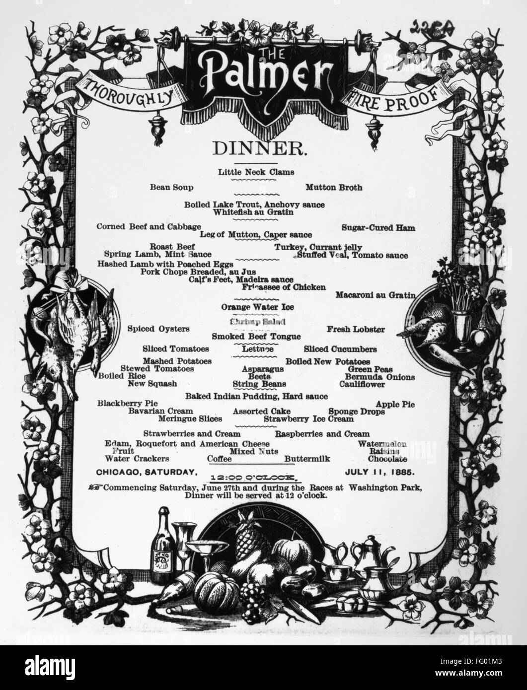MENU: PALMER HOUSE, 1885. /nDinner menu for Palmer House in Chicago ...