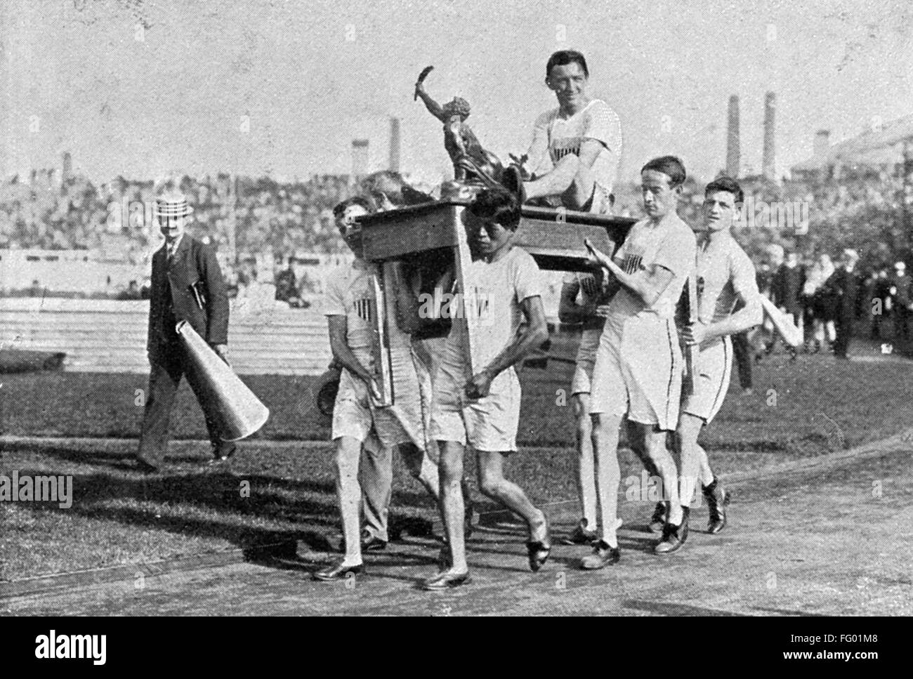 OLYMPIC GAMES, 1908. /nMarathon winner Johnny Hayes being carried by ...