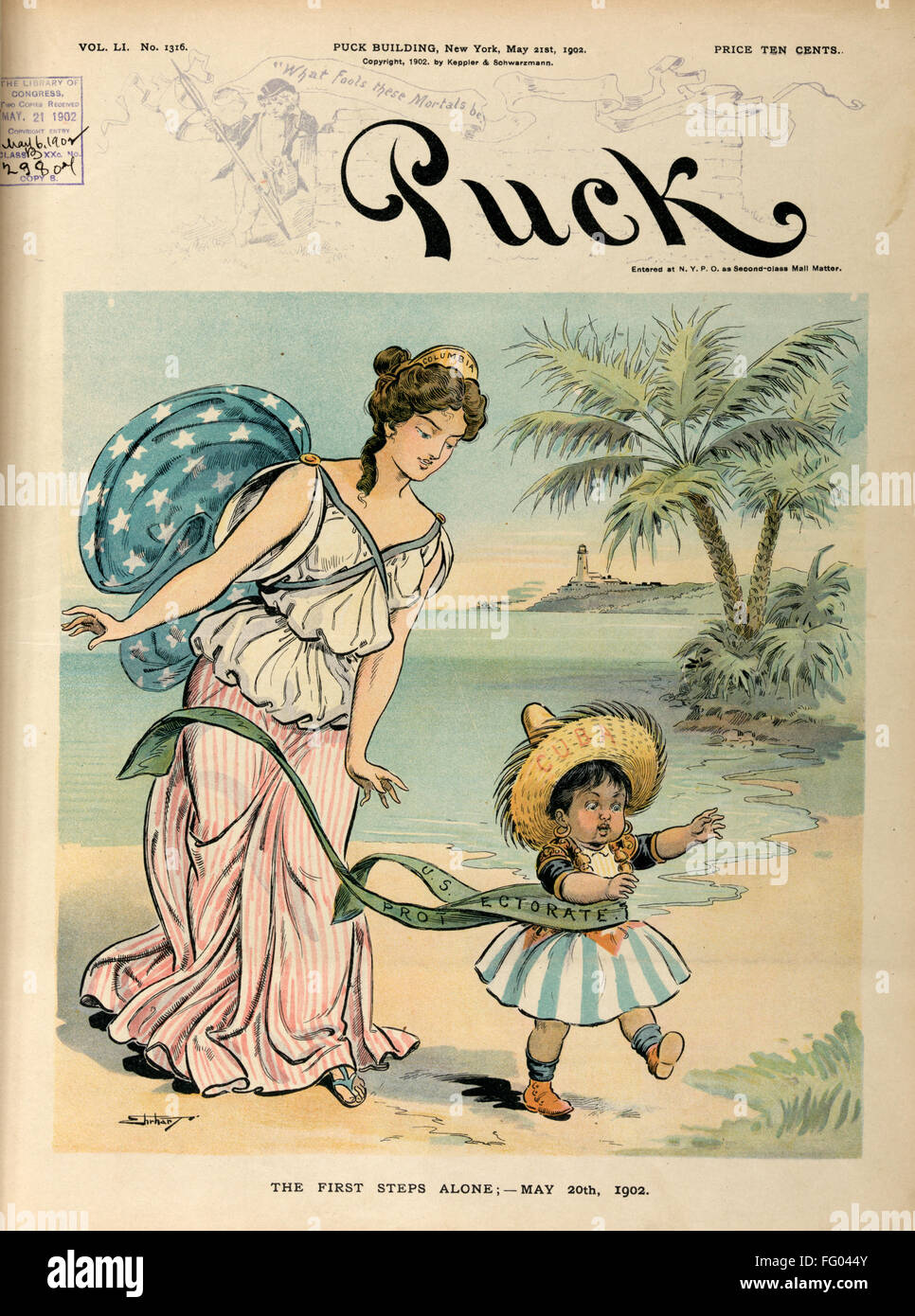 CARTOON: CUBA, 1902. /n'The First Steps Alone.' Cuba, wearing a ribbon ...