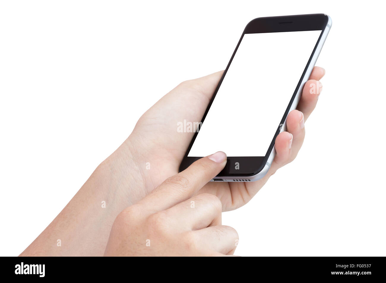 female hand using phone isolated on white background Stock Photo - Alamy