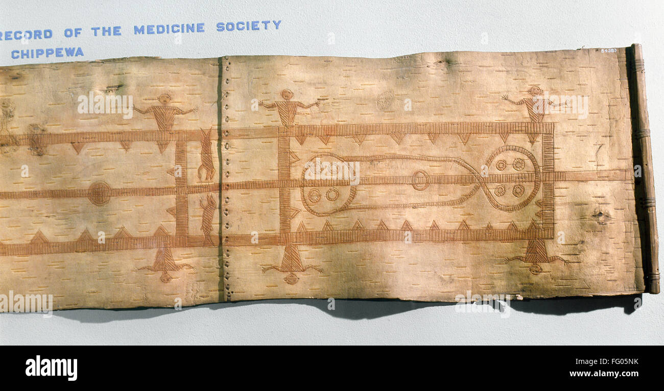 OJIBWA SCROLL. /nBirchbark scroll with incised pictographs depicting a ...