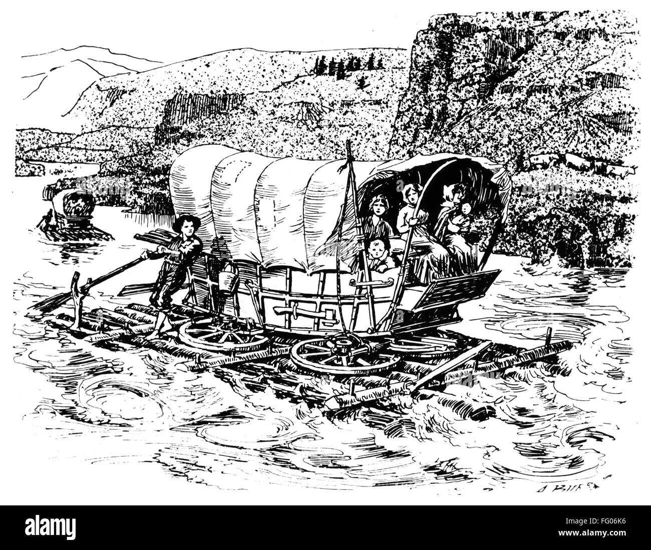 COLUMBIA RIVER. /nAmerican pioneers traveling on the Oregon trail ...
